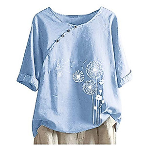 DASAYO Women Cotton Linen Crew Neck Shirt Tops Dandelion Print Half Sleeve Tee Top Shirts Trendy Vintage Comfy Blouse Shirt