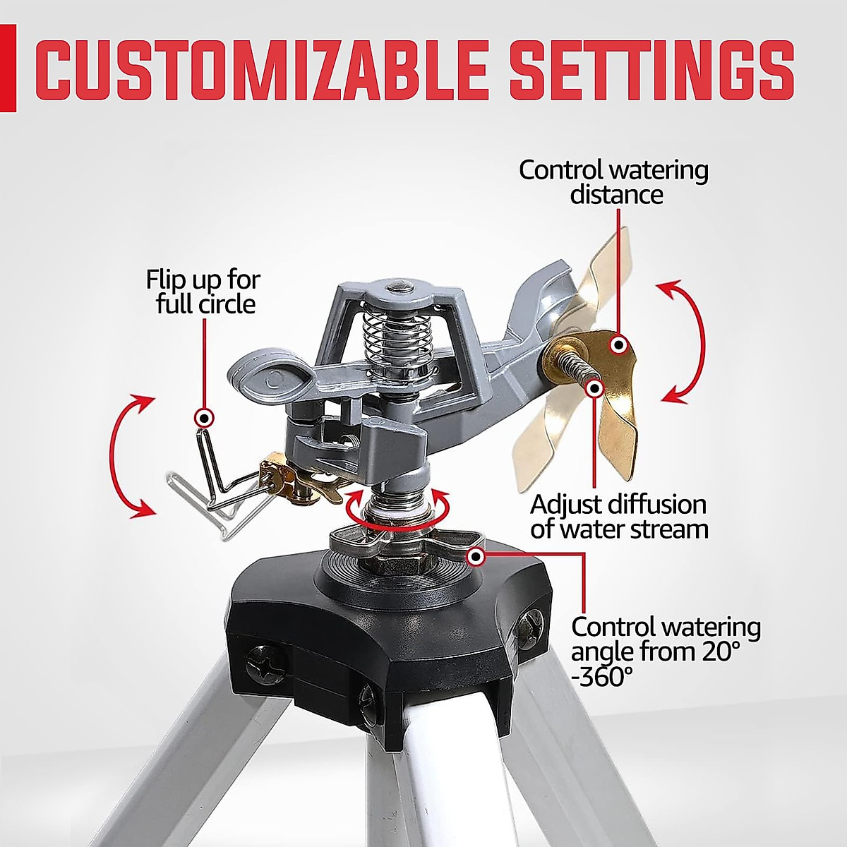 YAMATIC Impact Sprinkler on Adjustable Tripod Base, 360 Degree Large Area, Heavy Duty Adjustable Pulsator Sprinkler for Lawn, Yard and Grass Irrigation, Spray up to 20-90ft(Zinc Head)