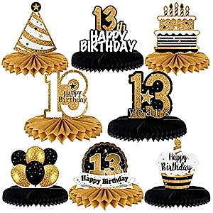 LINGTEER Happy 13th Birthday Table Honeycomb Centerpieces Cheers to 13th Birthday Thirteen Years Old Party Table Decorations Gift Sign.