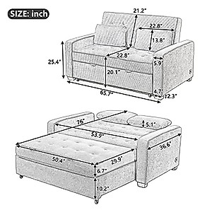 Gynsseh Pull Out Sofa Sleeper, 3 in 1 Convertible Sleeper Sofa Bed with Dual USB Ports and 2 Pillows, Linen Upholstered Adjustable Loveseat Couch with Pull Out Bed for Living Room (Brown Gray)