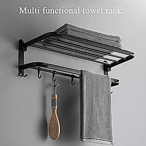 WKZZTCGD Black Bathroom Towel Rack,Stainless Steel Towel Holder with Hooks,Wall Mounted Foldable Double-Deck Shelf Bars