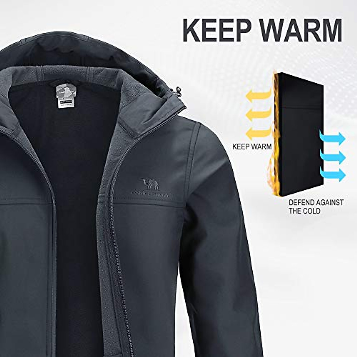 CAMEL CROWN Softshell Jacket Men Hooded Fleece Lined Outdoor Jackets Windproof Water Resistant for Hiking Casual Work Grey M