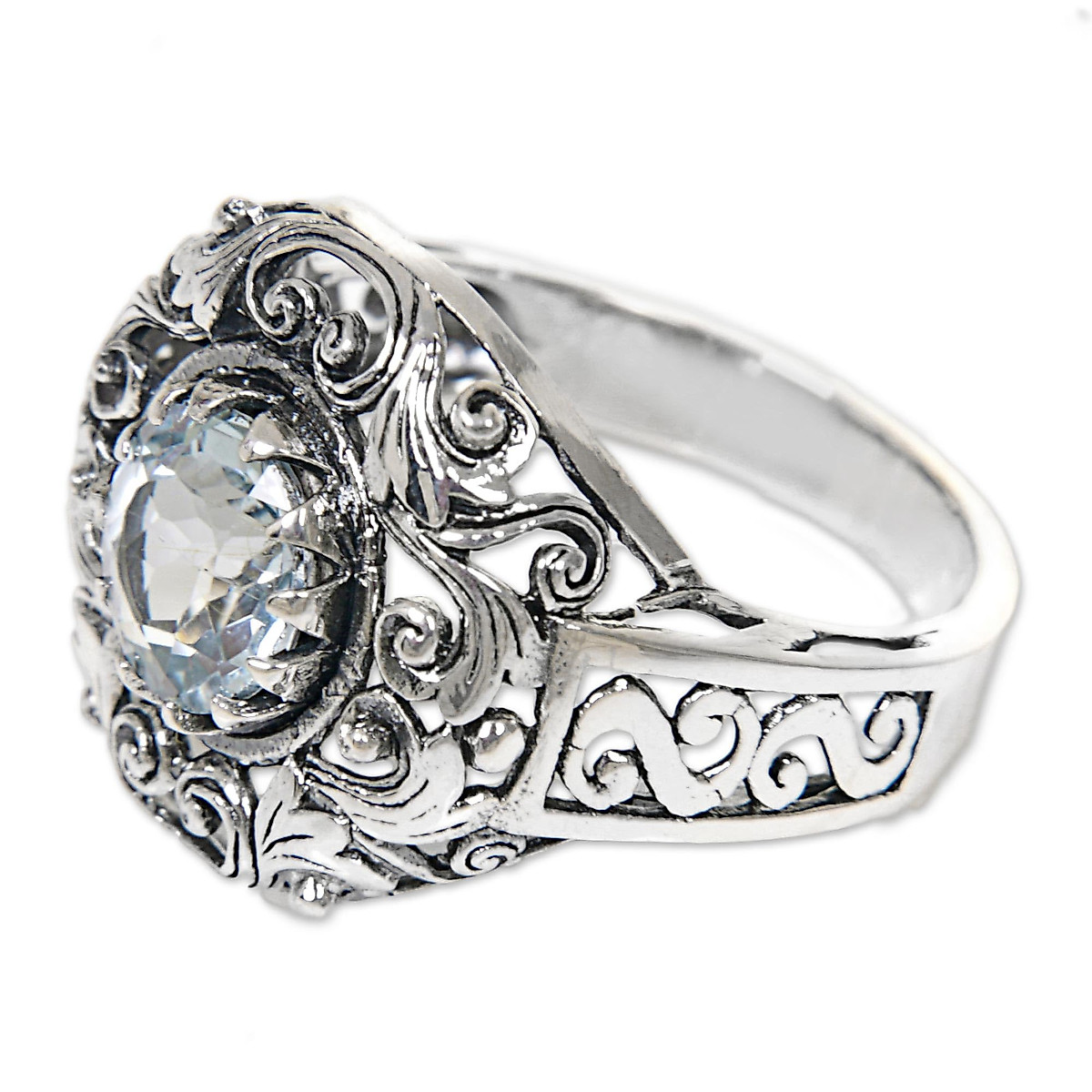 NOVICA Artisan Handmade Blue Topaz Cocktail Ring .925 Sterling Silver Indonesia Single Stone Gemstone Birthstone 'Blue Dream'