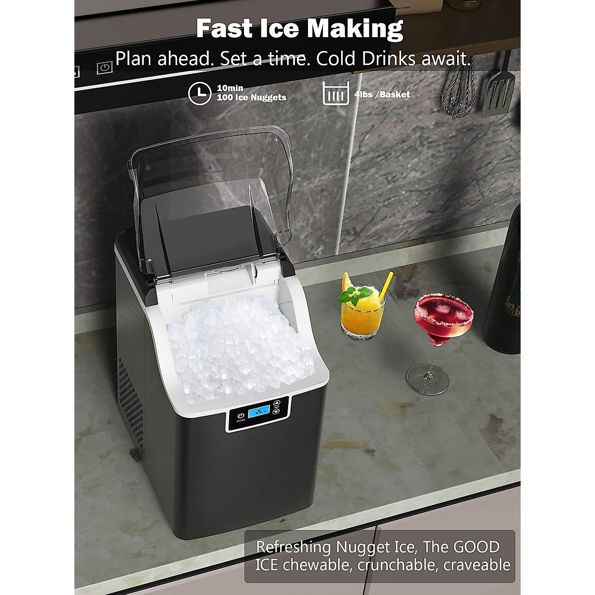 Kndko Nugget Ice Maker with Chewy Ice,High Ice-Making of 45lbs/Day/14,000pcs, Self-Cleaning,24-Hour Timer for Home Kitchen Bar Party,Bright Black Stainless Steel