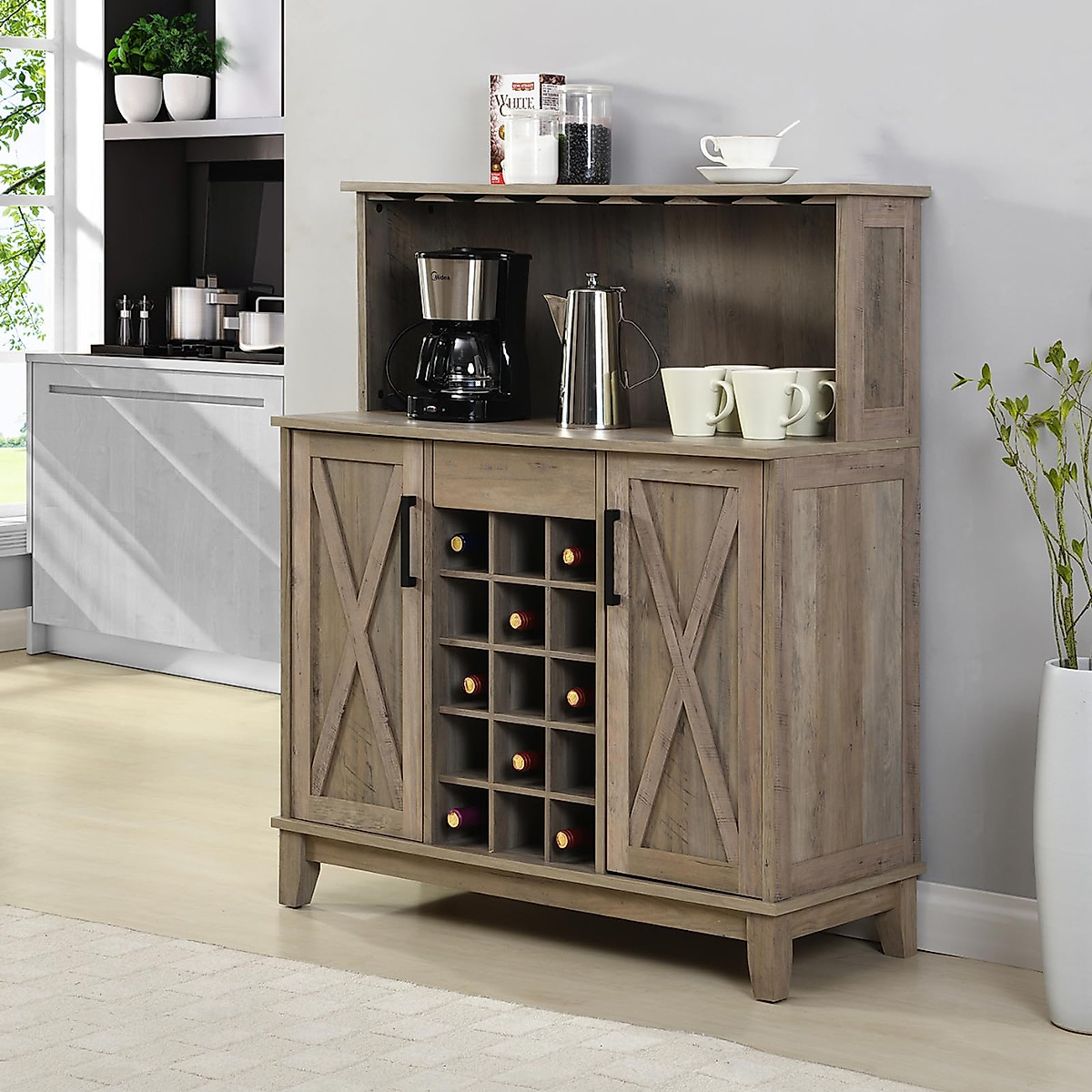 Home Source Bar Cabinet with Wine Rack and Glass Doors (Grey wash- Solid)