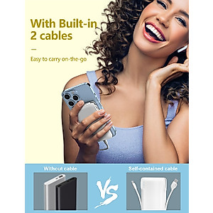 Metecsmart 10000mAh Portable Phone Charger with Built-in 2 Cables, Small Slim Mini Power Bank Fast Charging, USB-C In/Output External Battery Pack, Travel Essentials Compatible with Android/IOS Phones