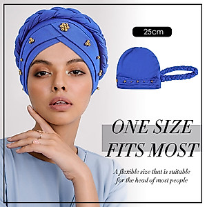 SATINIOR 6 Pieces Women African Turban Caps Twisted Braid Beaded Head Wraps Bonnet Beanie Headscarf Solid Color Elastic Wrap Cap for Women