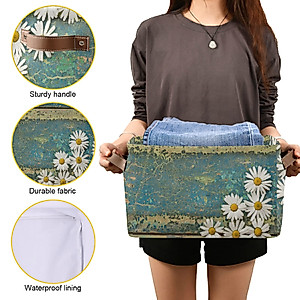 Flower Floral Daisy Wood Storage Bin Canvas Toys Storage Basket Bin Large Storage Cube Box Collapsible with Handles for Home Office Bedroom Closet Shelves，1 pc