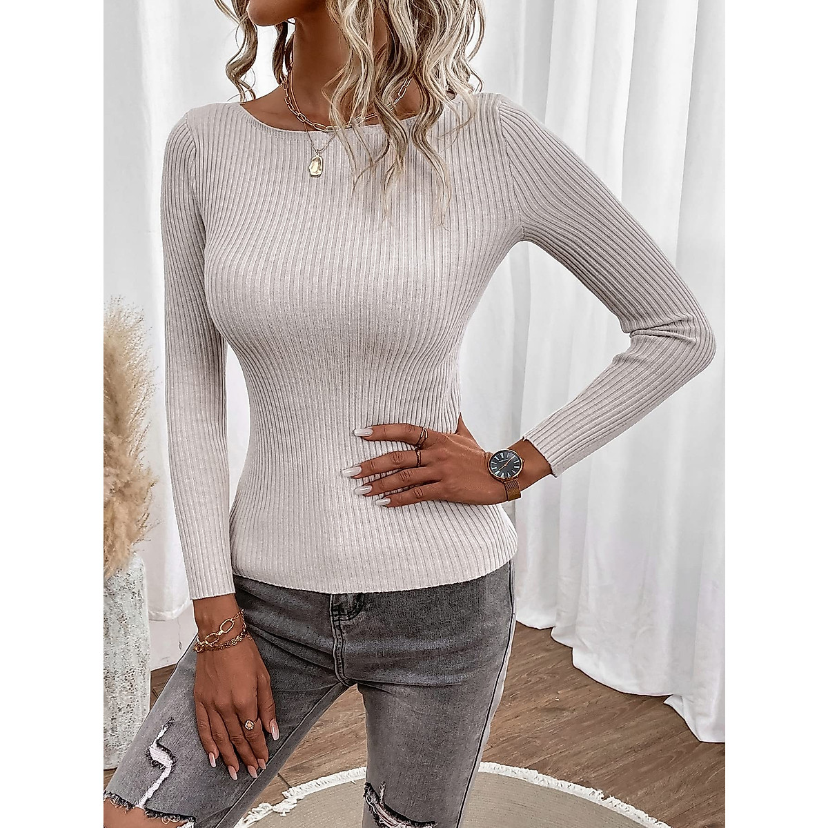 SweatyRocks Women's Basic Long Sleeve Boat Neck Top Ribbed Knit Slim Fit Pullover Sweater Apricot S