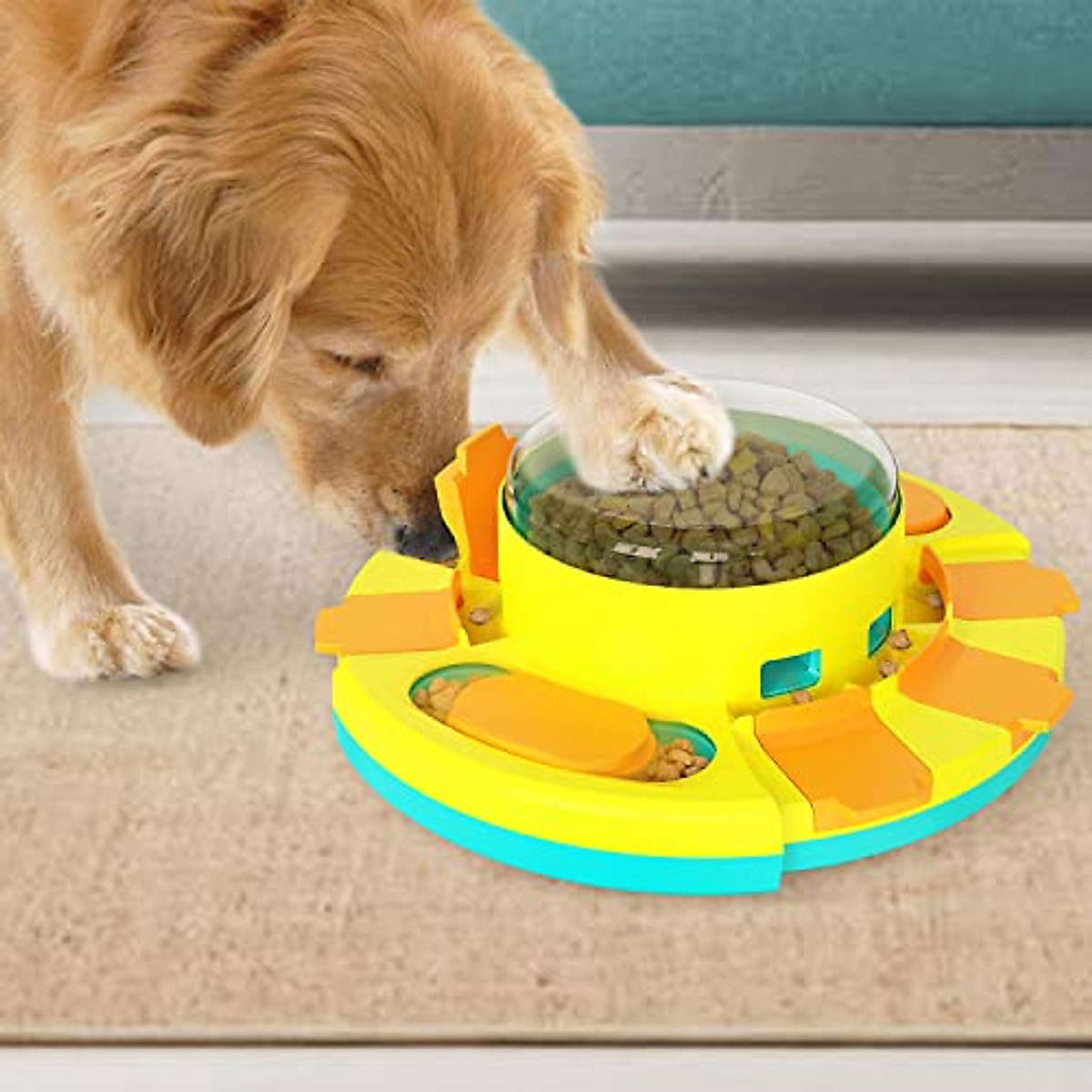 Dog Food/Treats Dispensing Container Toy | Interactive Pet Toy | Slower Feeder with Press Button, Blue