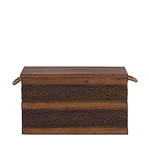 Household Essentials Decorative Trunk, Embossed Metal, Large, Chinese Fir Wood, Darkened Interior, Rope Handles, Flat and Fully Opening Lid, Handmade, Walnut and Almond Stain