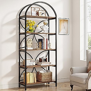 Tribesigns 5-Tier Open Bookshelf, 75 Inch Tall Arched Bookcase Shelf Storage Organizer, Industrial Book Rack with Metal Frame, Standing Display Rack for Bedroom, Living Room, Home Office, Brown