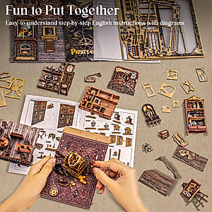 Wimlade Book Nook Kits for Adults, 3D Pirate Ship Puzzle DIY Miniature House Kit for Bookshelf Insert Decor, Wooden Puzzles for Adults with LED Lights, Halloween/Christmas Gifts for Adults and Teens