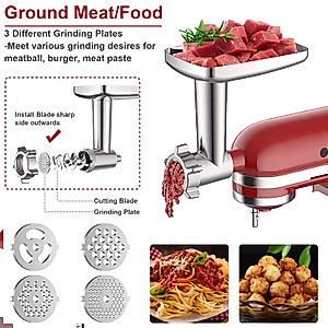 Metal Food Grinder Attachments for KitchenAid Stand Mixers, Meat Grinder, Sausage Stuffer, Meat Grinder for Kitchenaid Mixer, Includes 4 Grinding Plates, 3 Sausage Stuffer Tubes, 3 Grinding Blades