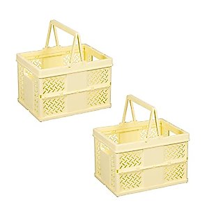 2-Pack Pastel Crates for Storage, Small Basket with Handle, Colorful Plastic Crates for Desktop Drawer Shelf Organizers (7.3x5.3x4.9inch) Champagne yellow