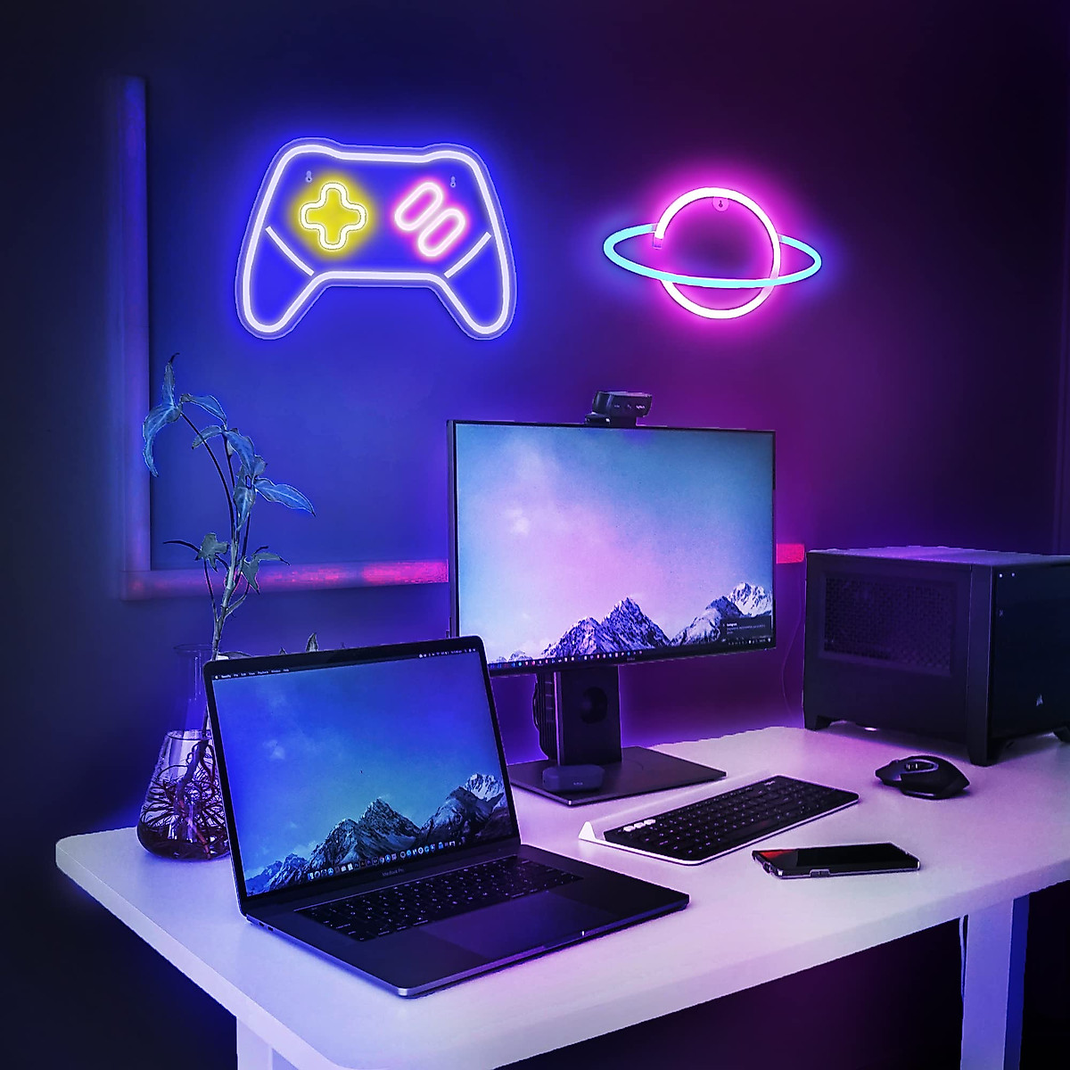 Lumoonosity Blue Pink Planet Neon Sign Blue Controller Gaming Light