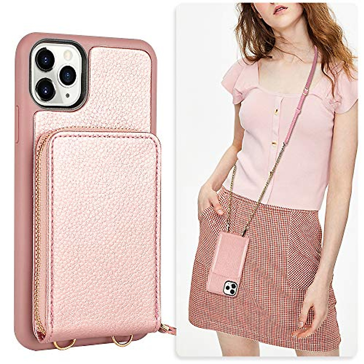 JLFCH Compatible with iPhone 12 Pro Max, Crossbody Wallet Case for iPhone 12 Pro Max, Zipper Credit Card Holder Wrist Strap Lanyard Purse for Apple iPhone 12 Pro Max (2020), 6.7 inch- Rose Gold