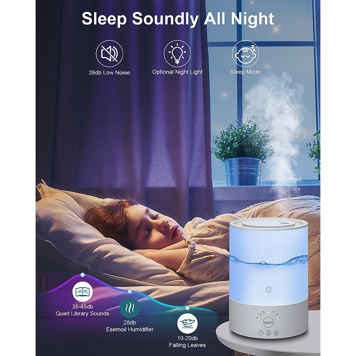 Esemoil Humidifiers for Bedroom, for Large Room, 2.5L Top Fill Cool Mist Humidifiers for Baby, Plants, Smart WiFi Air Humidifier with Diffuser and Nightlight, 28dB, 24H Long Runtime, Work with Alexa