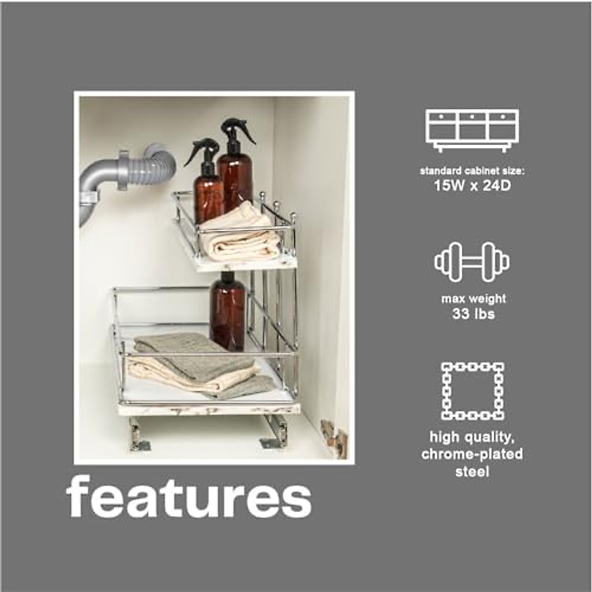 Household Essentials Glidez Chrome-Plated Steel and Faux Marble Pull-Out/Slide-Out Storage Organizer for Under Sink or Cabinet - 2-Tier Design - Fits Standard Size Cabinet or Shelf, White and Chrome