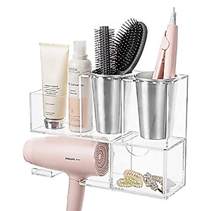 HBlife Hair Tool Organizer Wall Mounted with Drawer, Clear Acrylic Hair Styling Tools Organizer, Blow Dryer Holder, Caddy Storage for Hair Brush