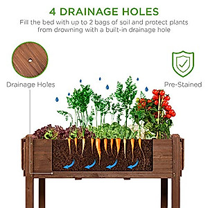 Best Choice Products 57x20x33in Mobile Raised Garden Bed Elevated Wood Planter Box Stand for Backyard, Patio w/Folding Side Tables, Locking Wheels - Brown