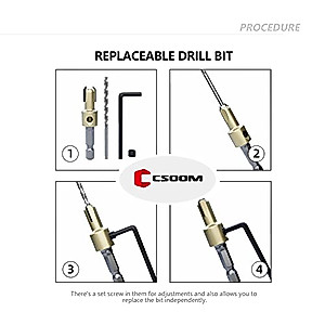 CSOOM Pro Countersink Drill Bit Set 12 PC Countersink Drill Bits #4, 6, 8, 9,10, 12, (Two Cutting diameters) Counter Sinker Set Wood High Speed Steel, Woodworking Carpentry Reamer