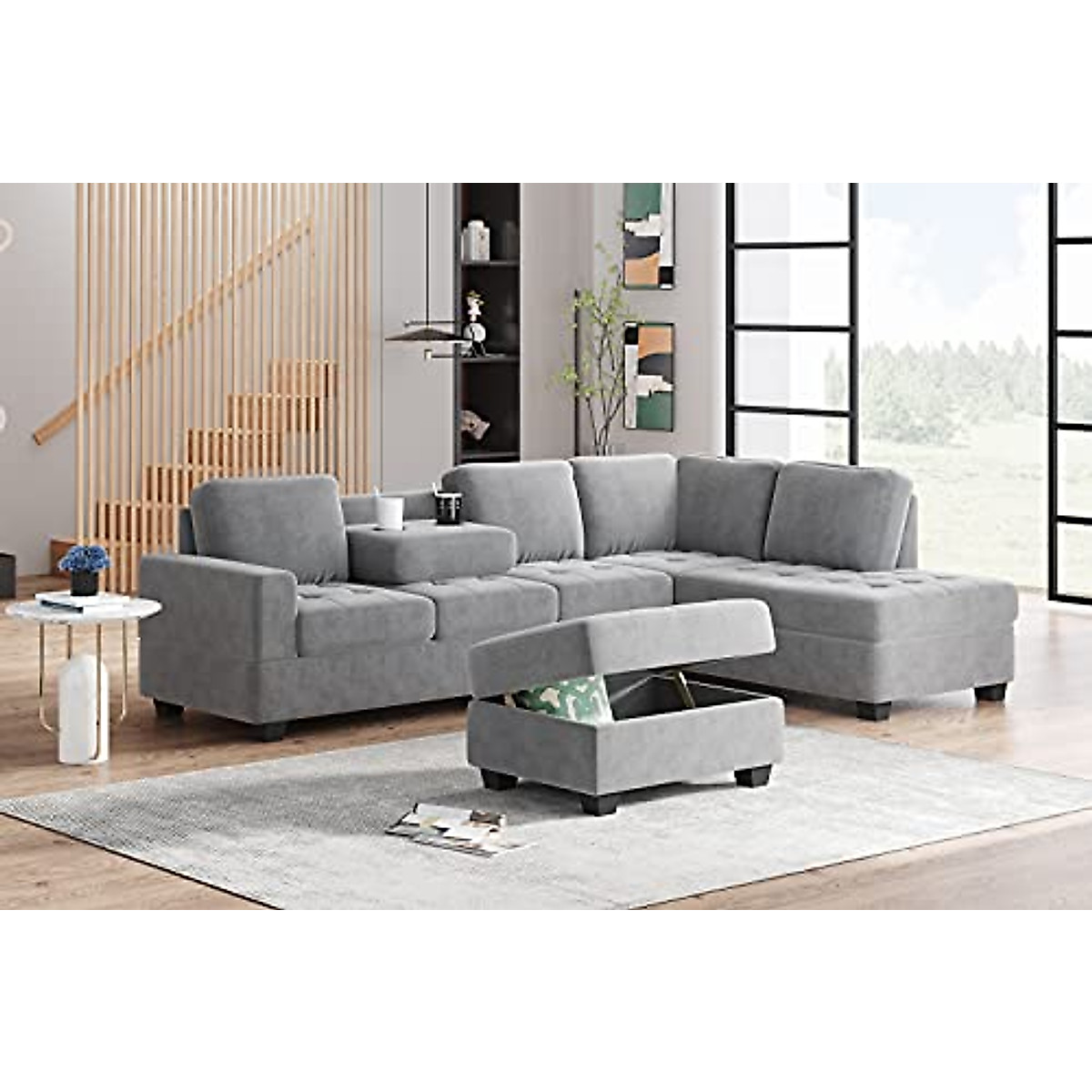 Eafurn Velvet Upholstery Convertible Sectional Sofa with Reversible Chaise, L Shaped Corner Couch with Storage Ottoman and 2 Cup Holders,Button Tufted 6 Seater Sofabed for Living Room Furniture Sets