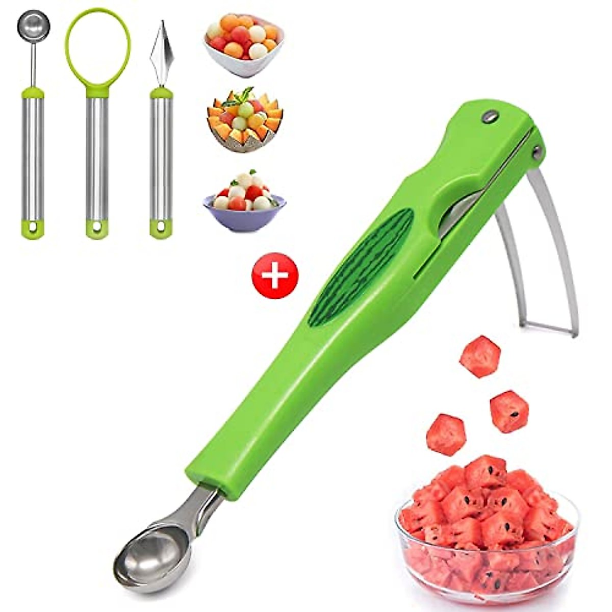 JAYVAR Watermelon Slicer Cutter Knife with Melon Baller Scoop Set，Fruit Scooper Seed Remover Watermelon Knife for Ice Cream Melon，Dig Pulp Separator Fruit Slice