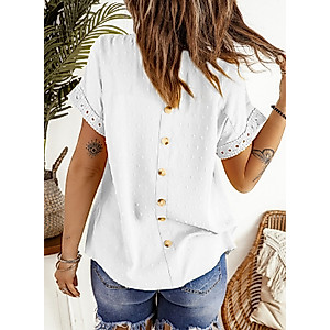 Dokotoo Blouses, Fashion 2025 Summer Crochet Lace Round Neck Short Sleeve Shirts Back Button Down Pom Pom Boho Casual Solid Chiffon Blouse Womens Tops White Large