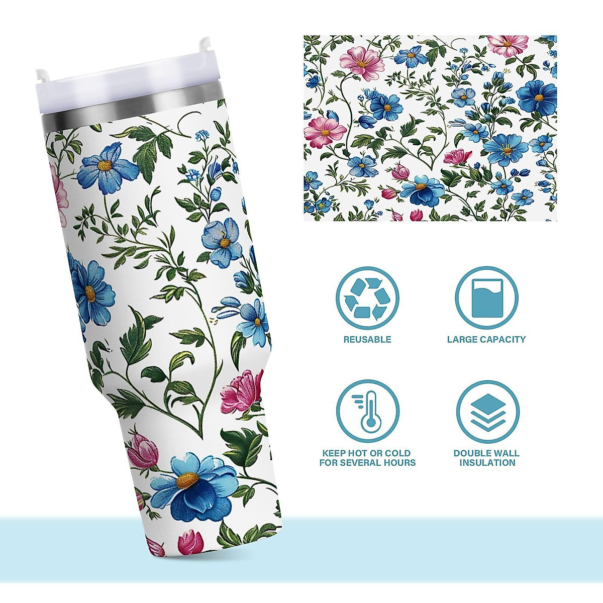 Msyxl 30 oz Insulated Stainless Steel Tumbler with Handle and Straw Lid - Leak-proof Coffee Mug for Men Women, Travel Mug Fits Cup Holder (Vintage Floral Pattern)