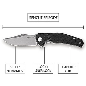 SENCUT Episode Flipper Pocket Knife, 3.48 Inch 9Cr18Mov Folding Knife with Clip Point Blade, EDC Knife with Textured Black G10 Handle, Good for Hunting, Camping SA04B