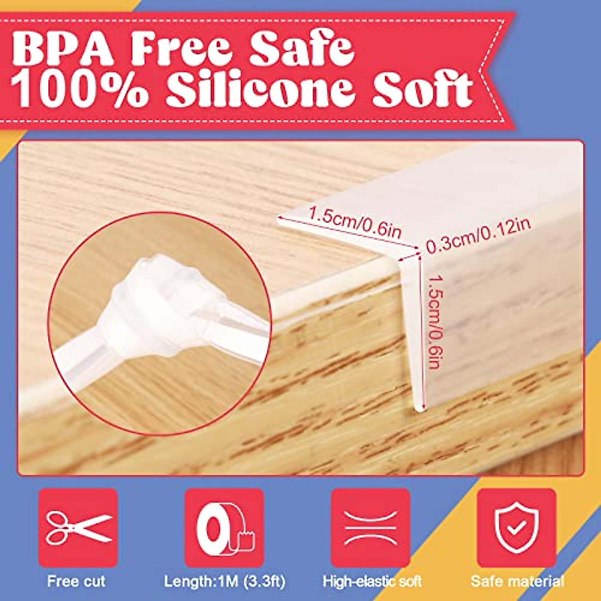 Edge Protector 100% Silicone, Soft Corner Protectors for Kids, Baby Proofing, 3.3ft Pre-Tape Adhesive Edge Guard for Kids Safety, Child Drawer Furniture Cabinet Bumper (0.6x0.6in(Width))