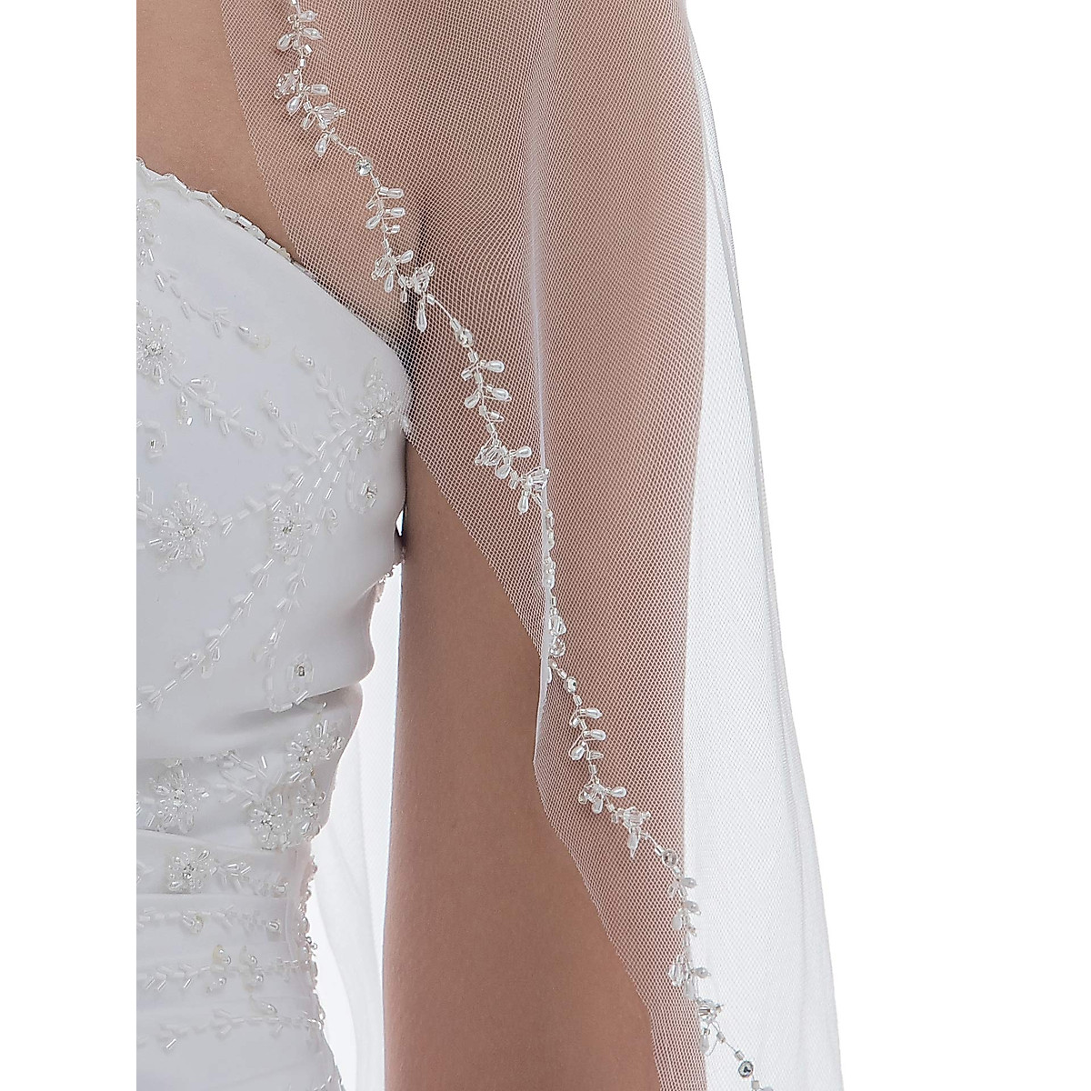 SAMKY 1T 1 Tier Offset Floral Vine Edge Crystal Pearl Veil - Light Ivory Fingertip Length 36" V580