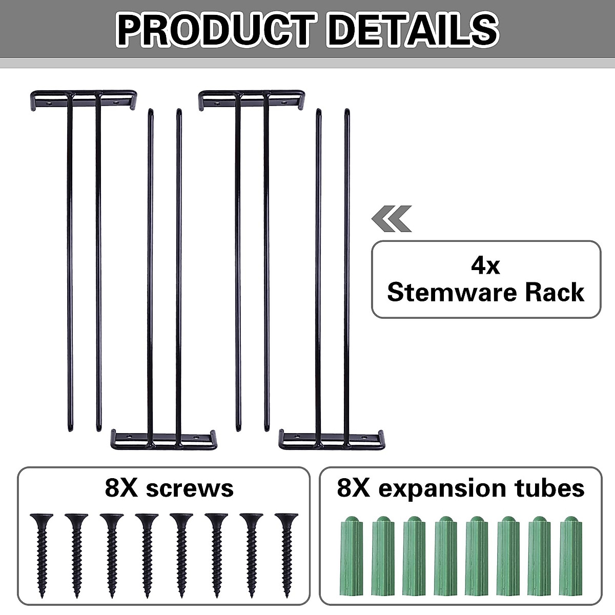 Set of 4 Stemware Wine Glass Hanging Rack, Metal Wine Glass Holder Under Cabinet Organization and Storage for Kitchen Bar Decor