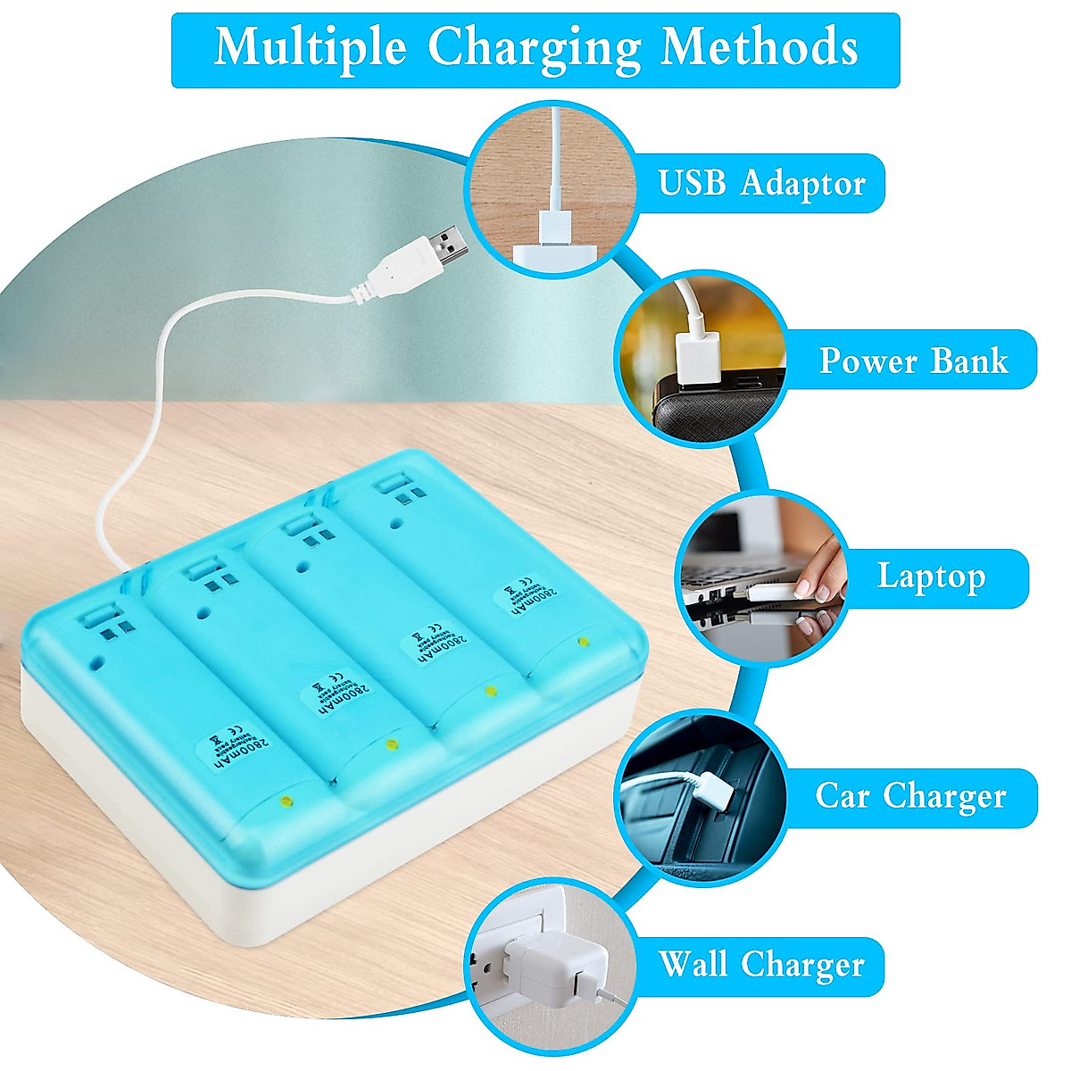 4-in-1 Charging Station for Wii & Wii U Remote Controller, 4 Pcs Rechargeable 2800 mAh Battery Packs with USB Cable Compatible for Wii/Wii U Remote Game Contoller (White)
