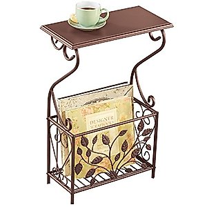 Collections Etc Scroll Leaves Iron and Wood Magazine Holder Side Table, Bronze Colored Finish