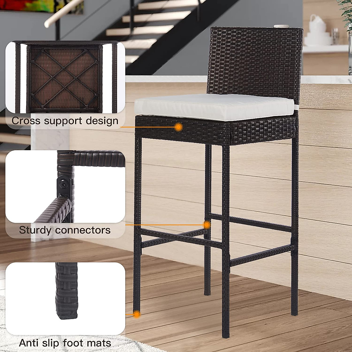 PayLessHere 2 Piece Outdoor Bar Stools 30" Wicker Patio Stools Bar Chairs Height Stools All Weather Patio Furniture with Footrest Khaki Cushion for Outdoor Indoor Pool Lawn Porch Backyard,Brown