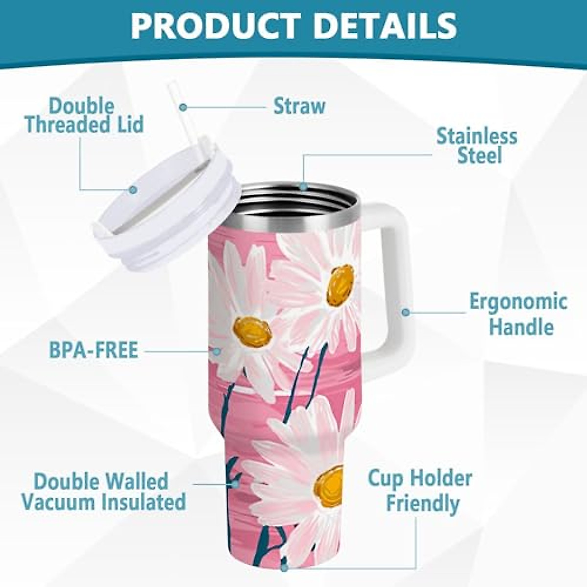 PaChyLuu 30 oz Insulated Tumbler with Handle and Straw Lid, Adorable Daisy Leak-Proof Stainless Steel Travel Coffee Mug for Car Cup Holder