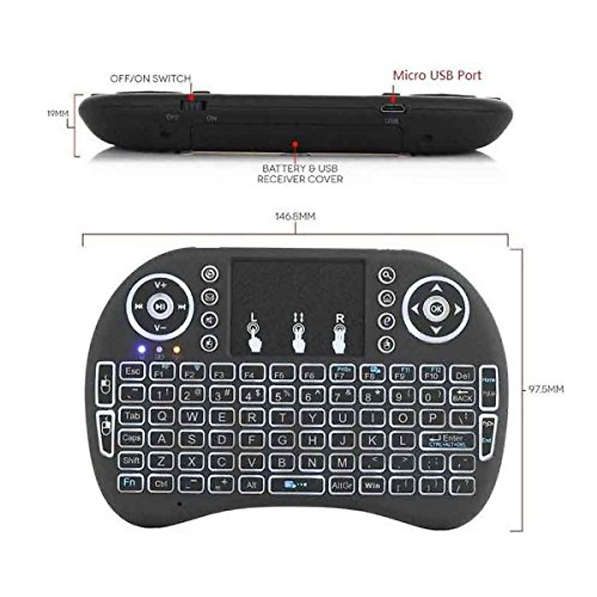 (Upgraded)Rii 2.4GHz Mini Wireless Keyboard with Touchpad,QWERTY,LED Backlit,Portable Keyboard for laptop/PC/Tablets/Windows/Mac/TV/Xbox/PS3/Raspberry Pi .(i8+ Black)
