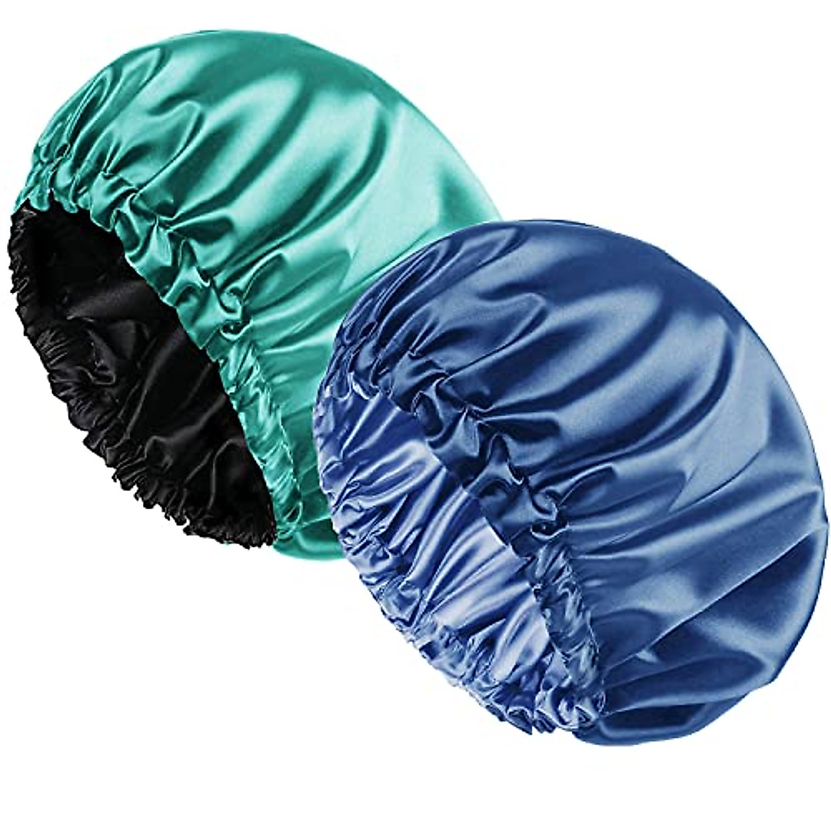 2Pack Satin Bonnet for Sleeping Silk Bonnet Hair Bonnets Cap, Double use Extra Large Double Layer Reversible Adjustable, Sleep Bonnet Used to Keep Hair Dry During Sleep. Green-Blue