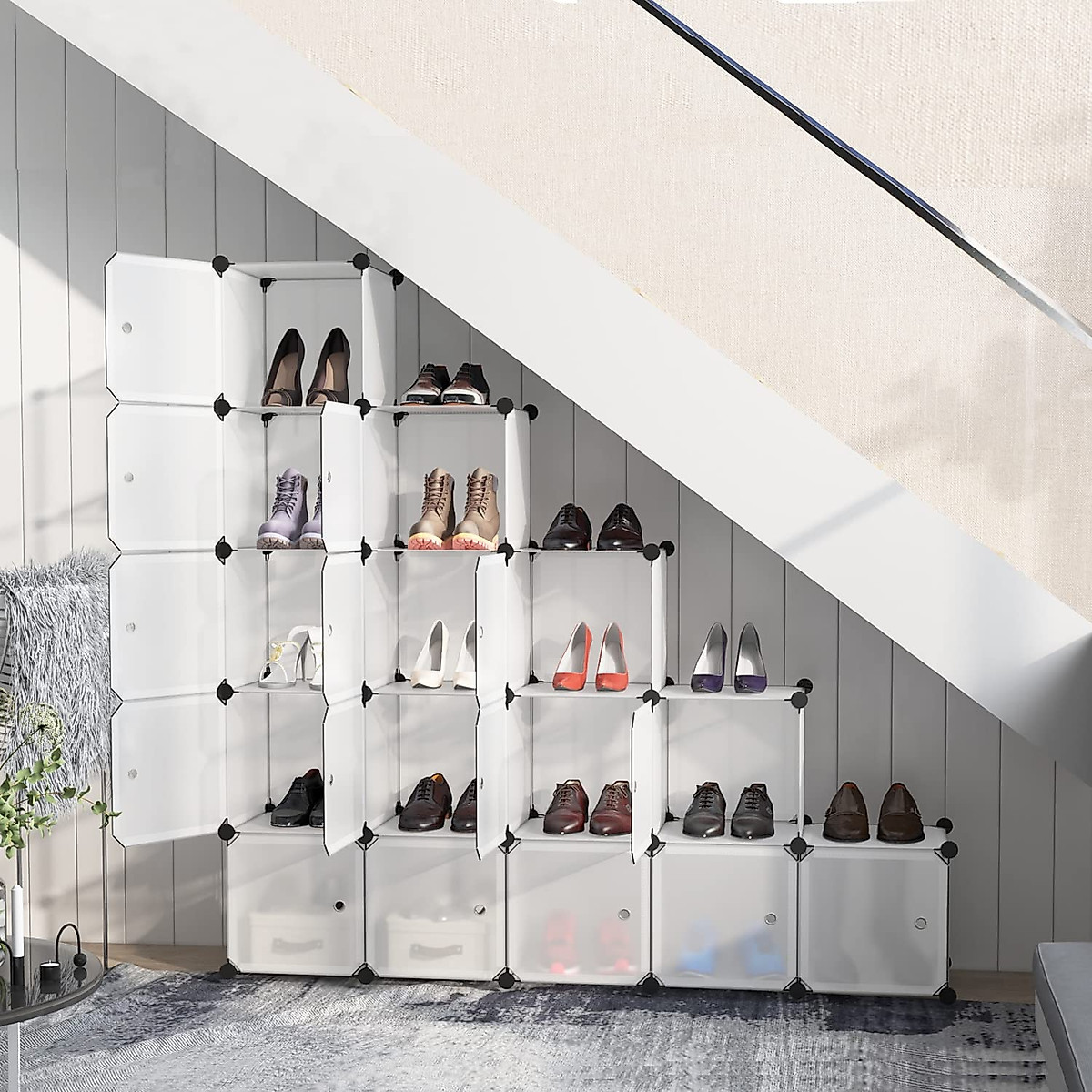 BASTUO Cube Storage Organizer with Doors, Stackable Plastic Cube Storage with Door for Livingroom, Bedroom and Office (16 Cubes,White)