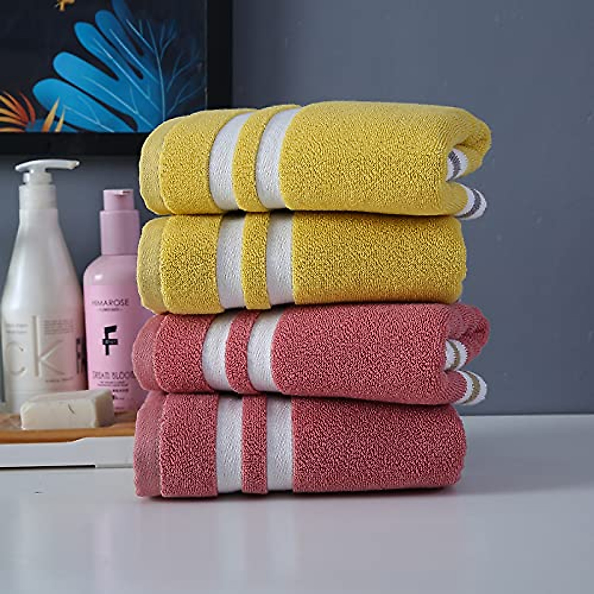 YiLUOMO Hand Towels Set of 2 100% Cotton Striped Checkered Pattern Super Soft Highly Absorbent Decorative Hand Towel for Bathroom, Kitchen 13 x 29 Inch (Yellow & Grey)