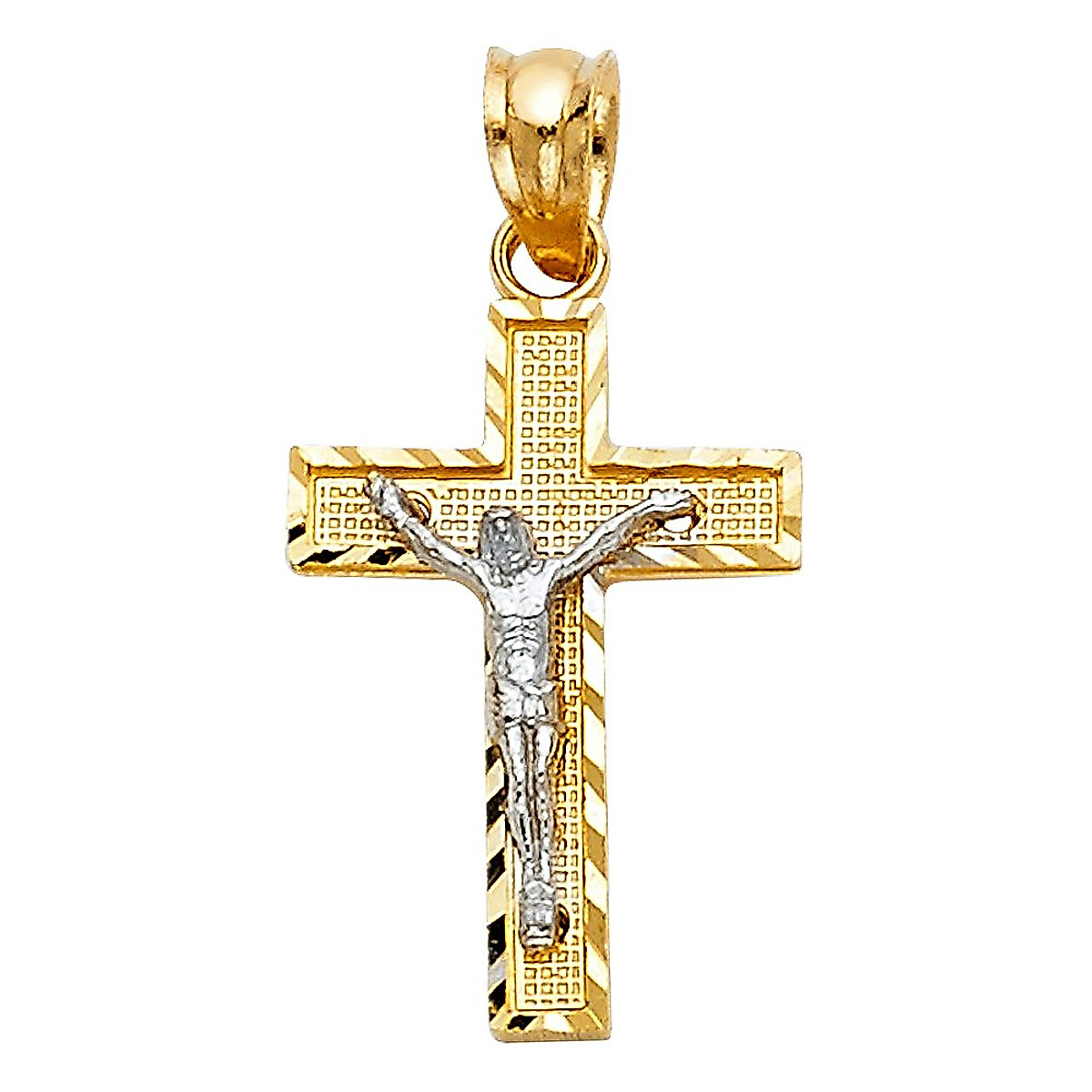 14K Two Tone Gold Jesus Crucifix Cross Pendant with 1.4mm Flat Open Wheat Chain Chain Necklace - 22"