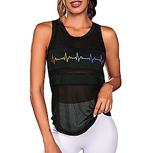 SOLY HUX Women's Mesh Graphic Sports Tank Top Sleeveless Curved Hem Workout Gym Yoga Tops Plain Black S