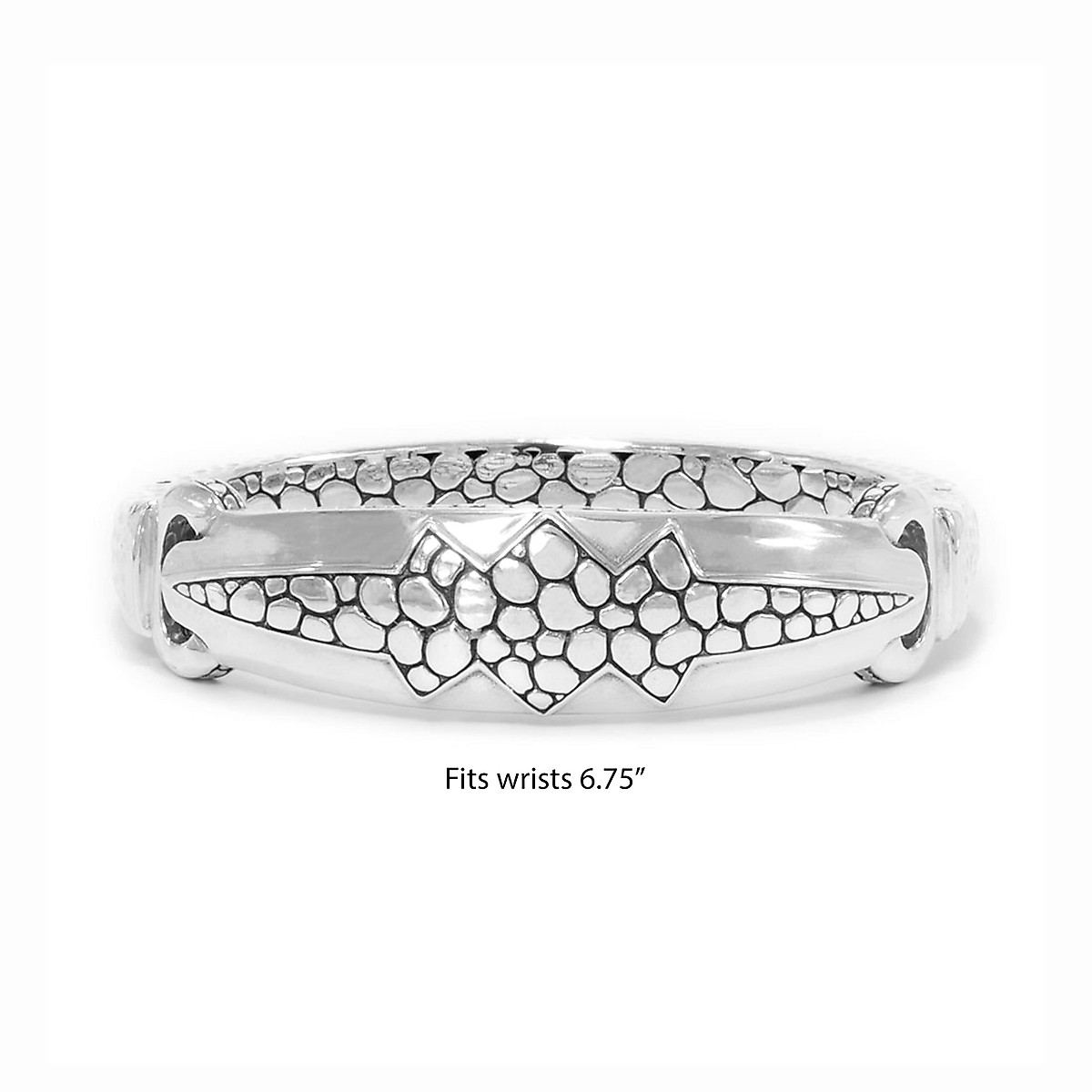 SARDA - .925 Sterling Silver Watermark Pattern & Hammered Finish Zig Zag Star Hinged Buckle Bangle Bracelet - Handmade by Bali Artisans - 6-3/4"