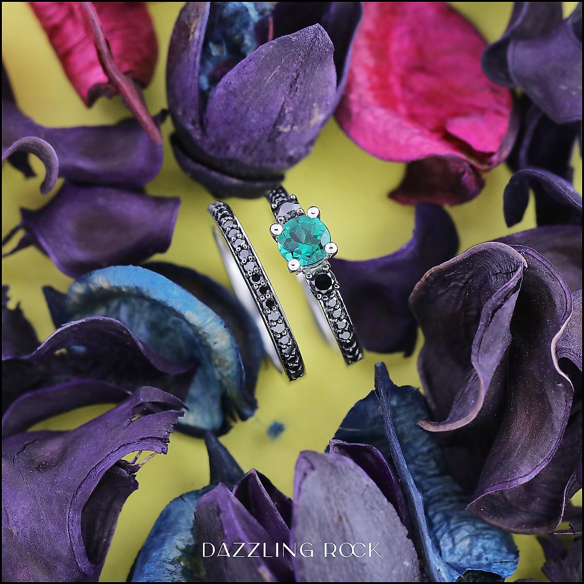 Dazzlingrock Collection 5 MM Center Round Lab Created Emerald with Natural Black Diamond Three Stone Engagement Ring Set for Women | 925 Sterling Silver, Size 5.5