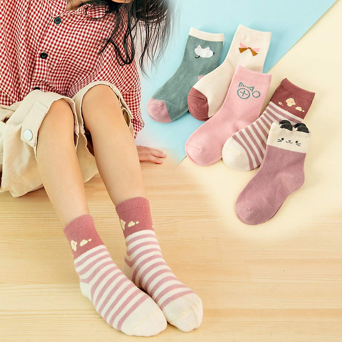 Zumou Toddler Kids Little Girls Cute Cotton Crew Socks 10 Pack (L (5-7T) / Little kids, Rainbow)