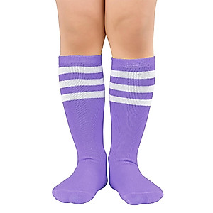 Zando Girls Knee High Socks 6-8 Years Old Cotton Soft Girls Soccer Socks School Uniform Socks for Girls Seamless Socks Youth Tube Socks Three Stripe Soccer Socks Kids Light Purple 6-9 Years