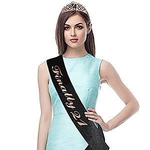 Finally 21 Sash Rhinestone Tiara Set 21st Rose Gold Birthday Sash Crown Birthday Candles Birthday Crown Kit for Women 21st Birthday Party Decoration Anniversary Celebration Supplies