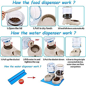 2 Pack Automatic Cat Feeder and Water Dispenser in Set with Pet Food Mat for Small Medium Dog Pets Puppy Kitten Big Capacity 1 Gallon x 2 (2 Pack Cream)